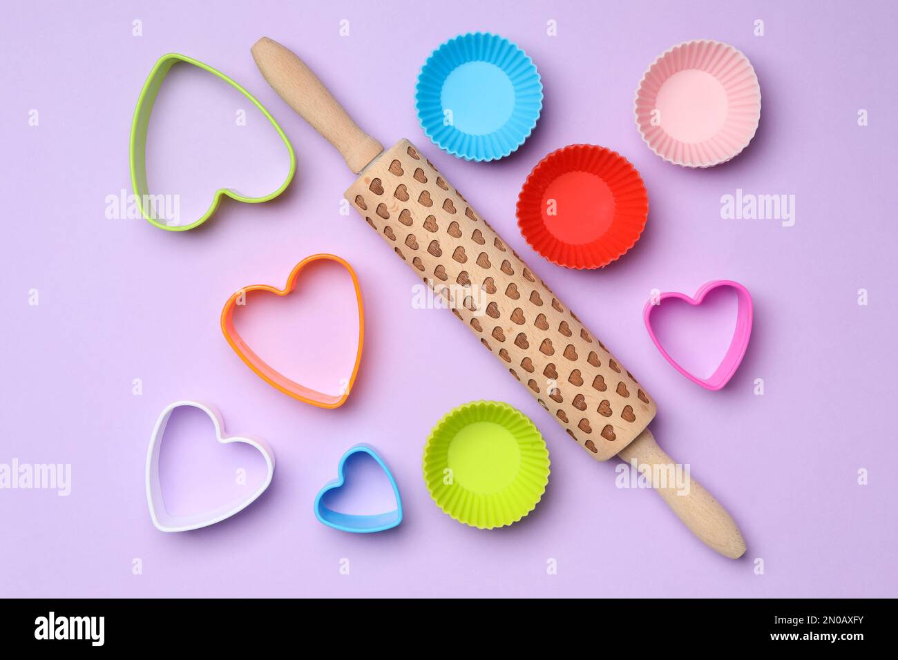 Set of modern baking utensils on purple background, flat lay Stock ...