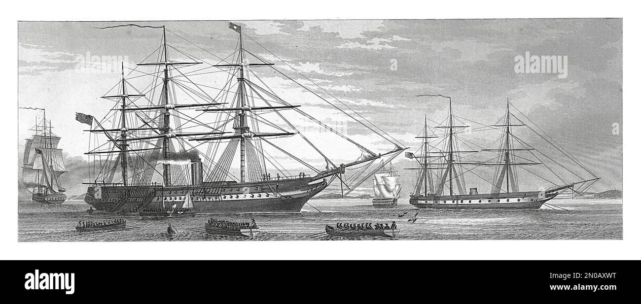 Antique 19th-century engraving depicting steam frigates from XIX ...
