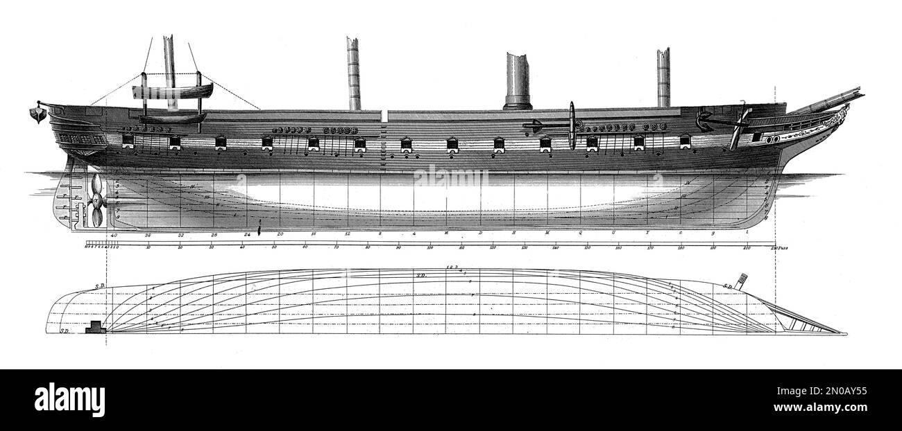 Antique illustration of 28-gun corvette. Engraving published in ...