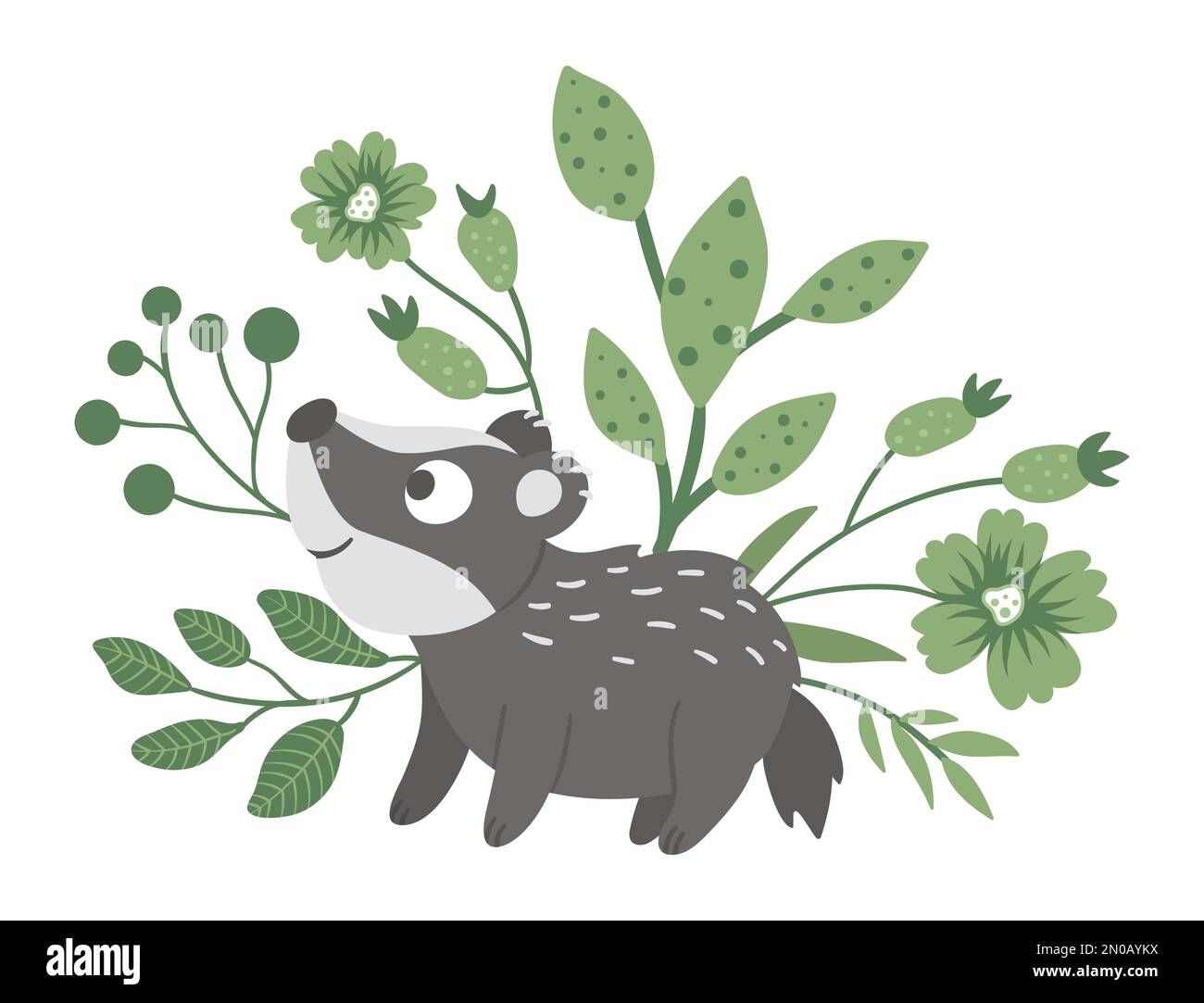 Vector hand drawn flat baby badger with leaves, twigs and flowers ...