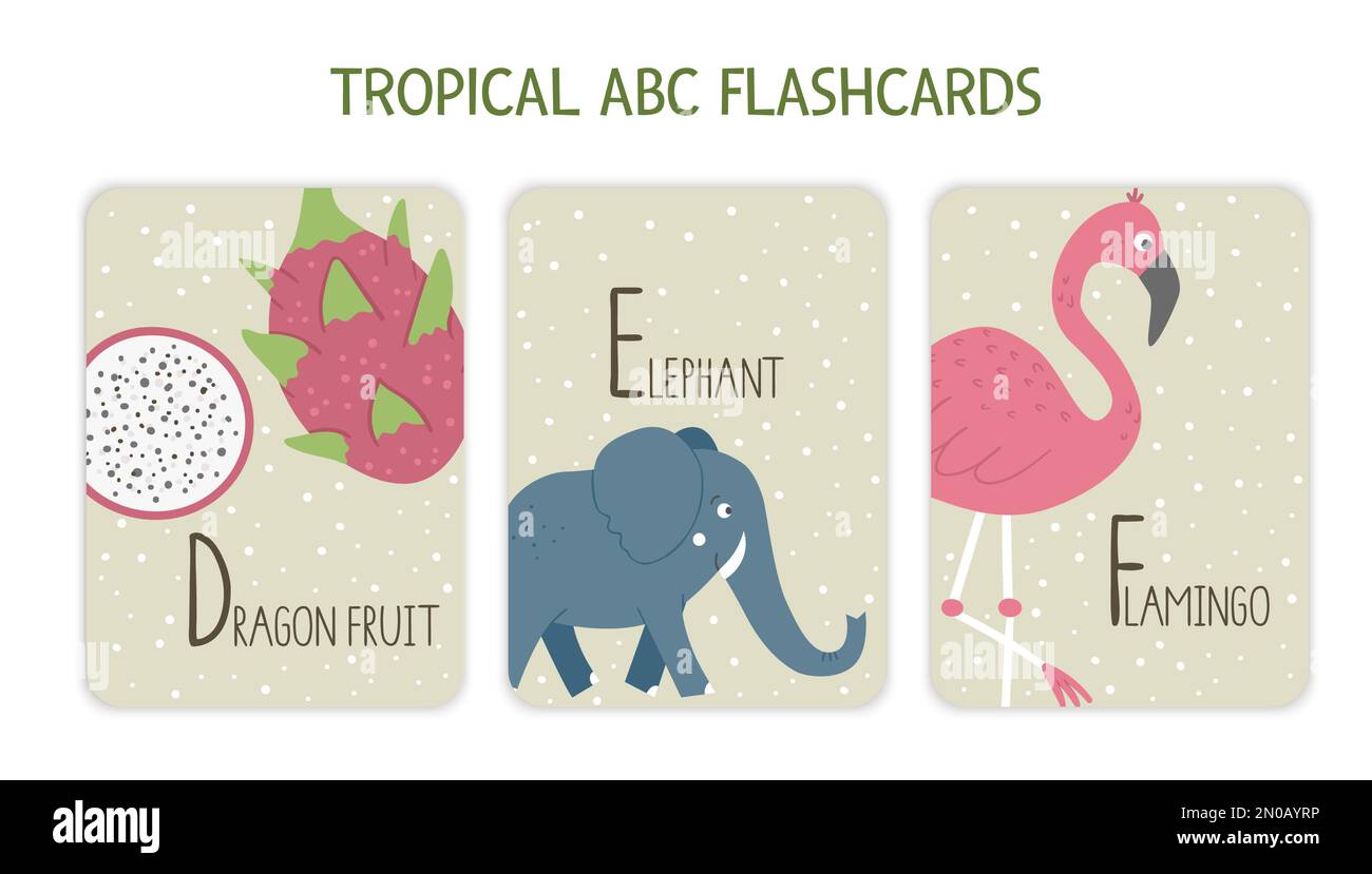 Colorful alphabet letters D, E, F. Phonics flashcard with tropical animals, birds, fruit, plants ...