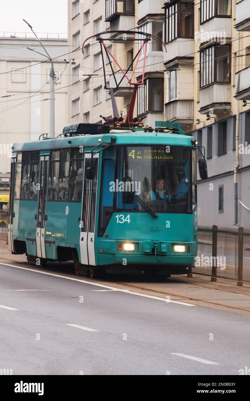 Belarus, Minsk - 04 january, 2023: The tram close up Stock Photo - Alamy