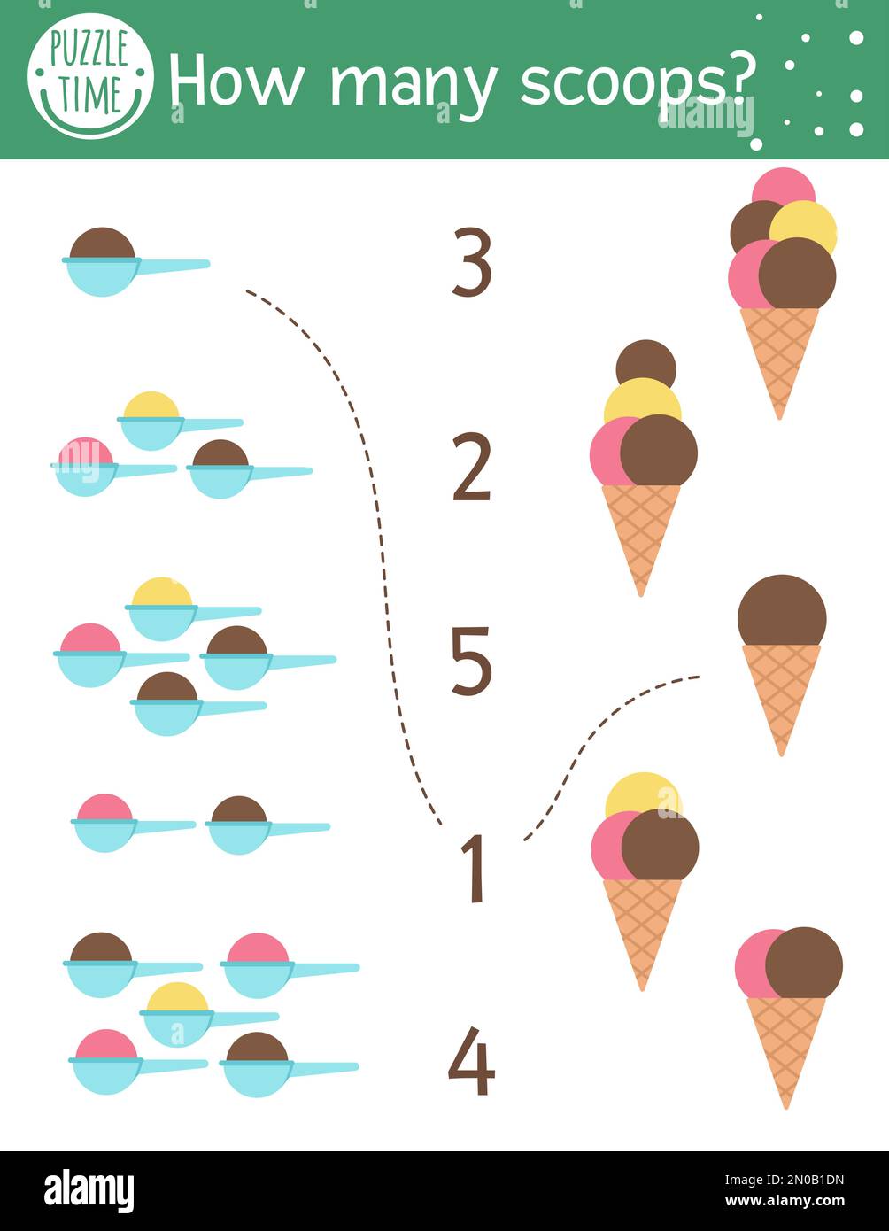 Matching game with ice-cream cones and scoops. Summer food math ...