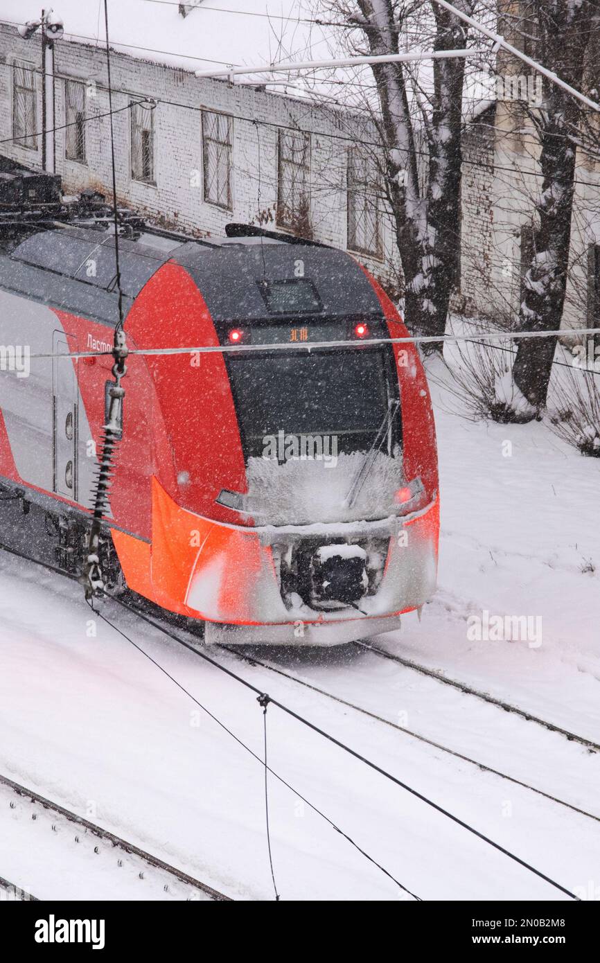 Belarus, Minsk - 18 december, 2022: High-speed train among the snow ...