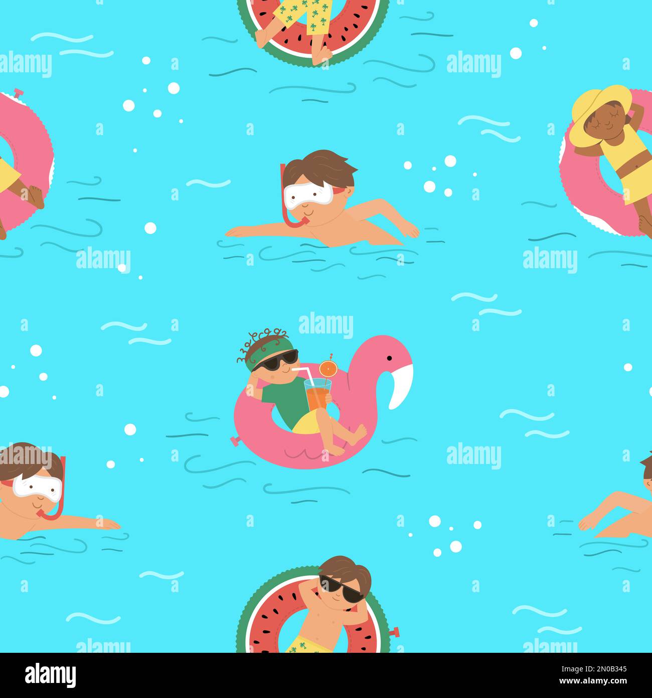 Vector seamless pattern with children on inflatable rings. Repeating ...