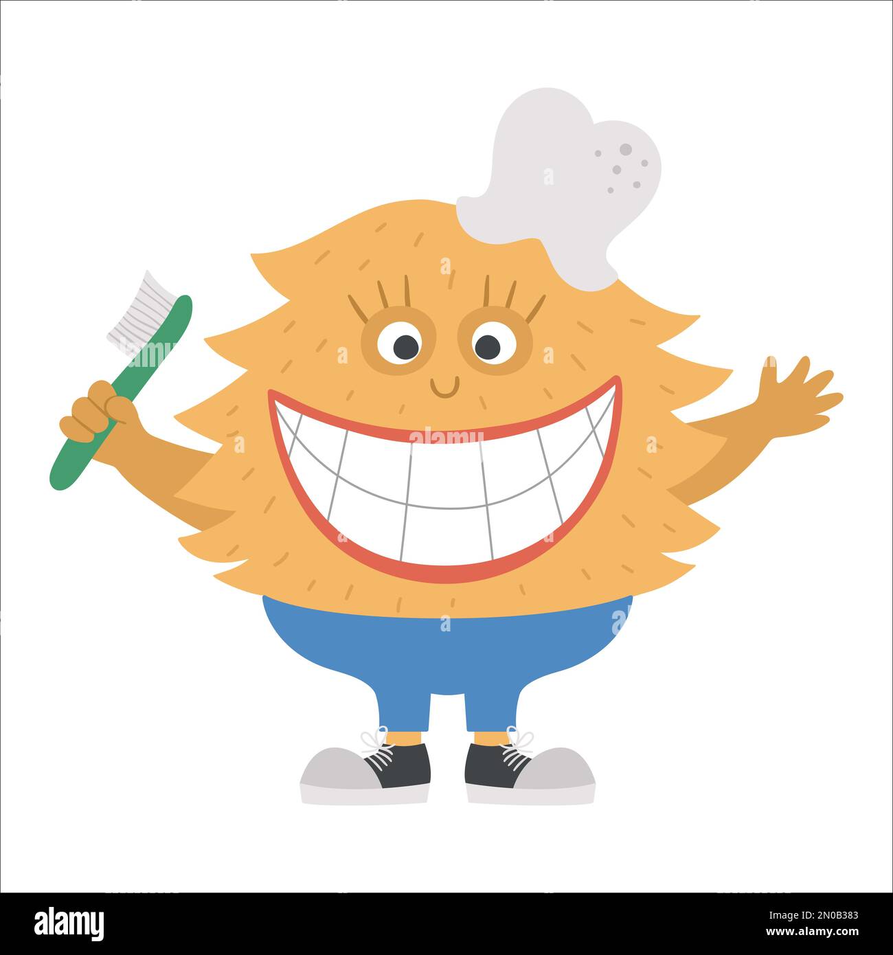 Cute toothy monster with broad smile. Funny character holding ...