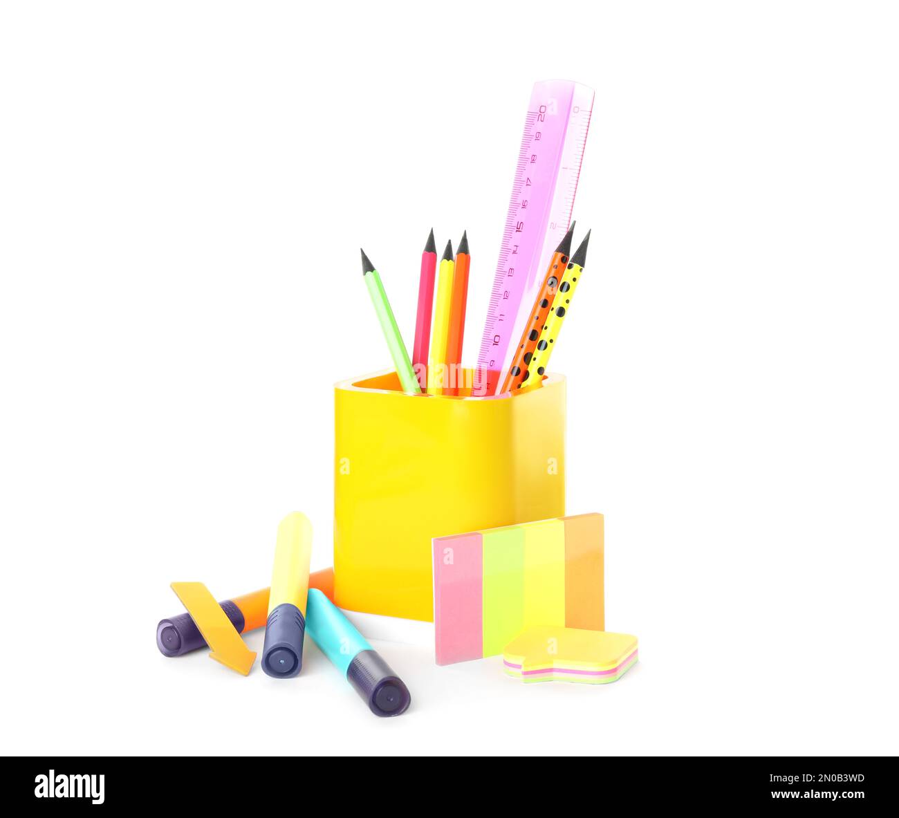 Set of colorful school stationery on white background Stock Photo - Alamy