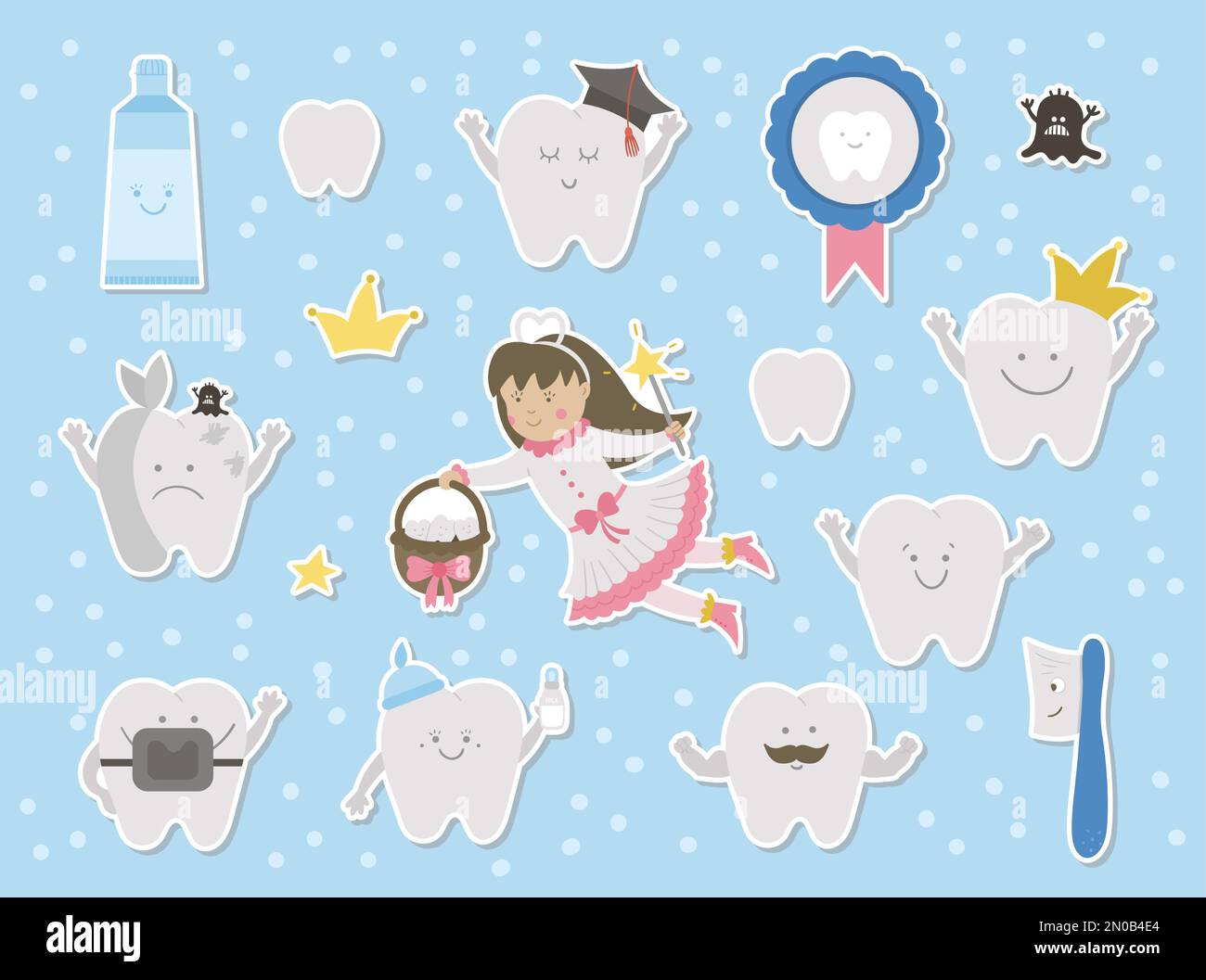 Cute tooth fairy stickers set. Kawaii fantasy princess with funny ...
