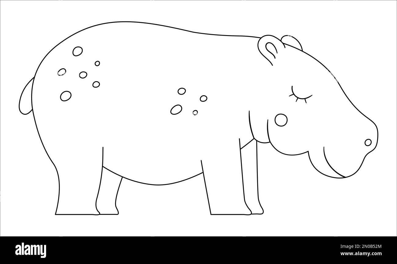 Vector cute hippo outline. Funny tropical exotic animal black and white ...