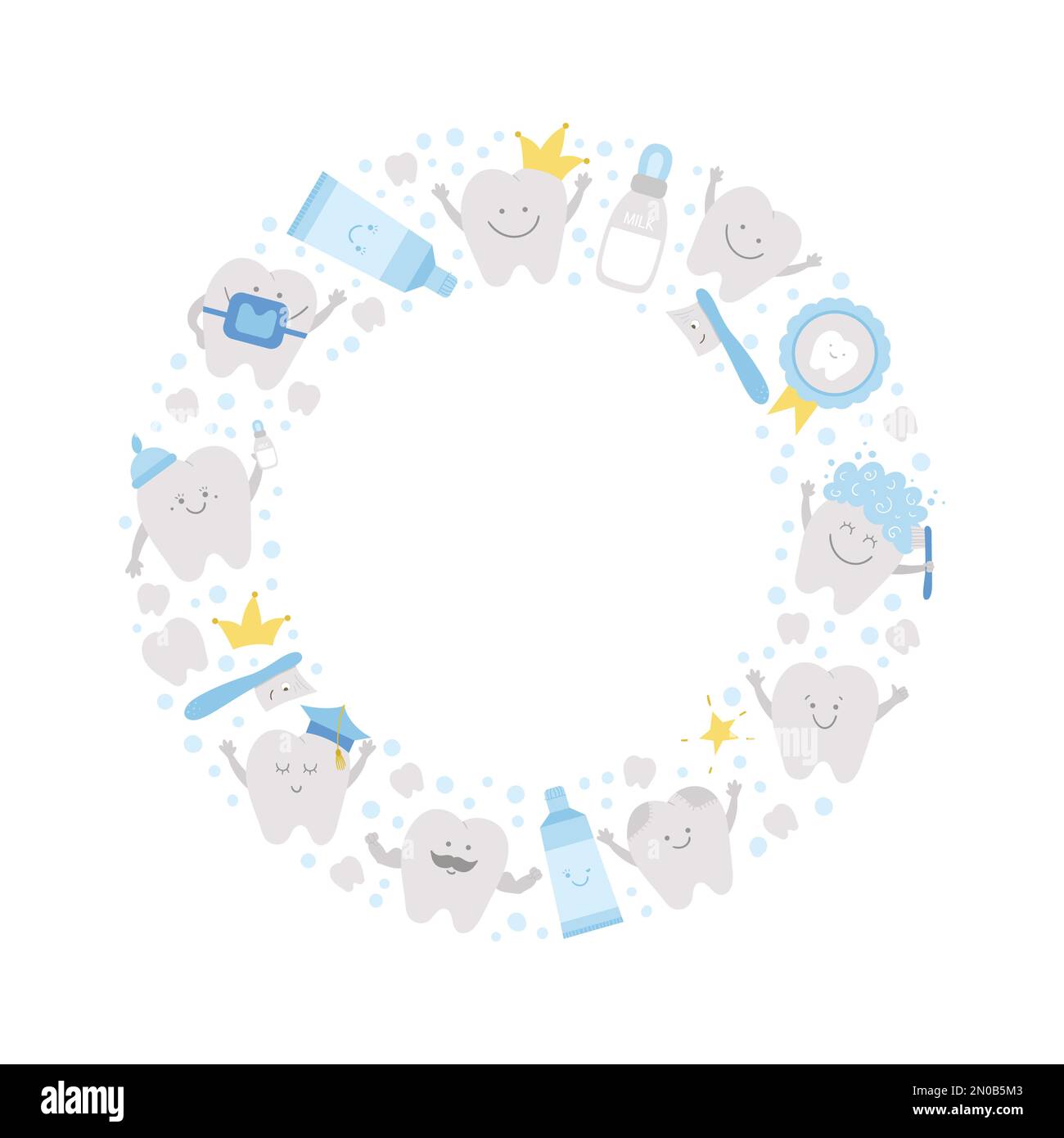 Vector round frame with cute teeth. Wreath card template with kawaii ...