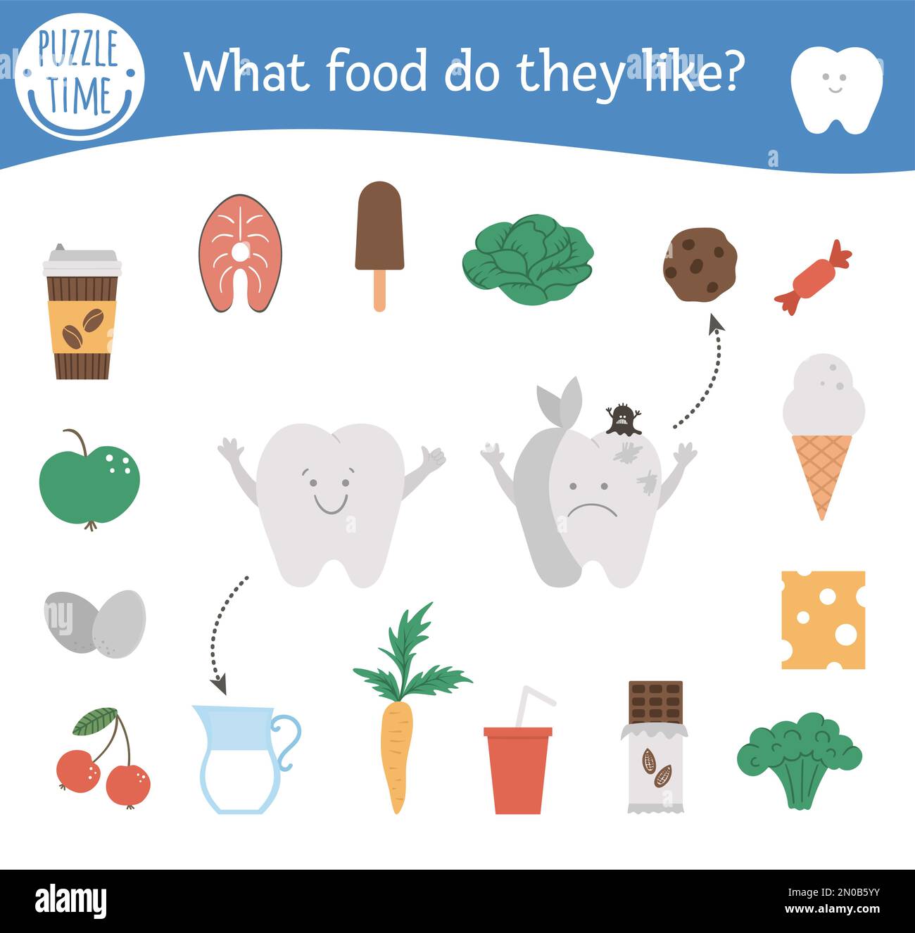 Dental care matching activity with cute teeth and different products ...