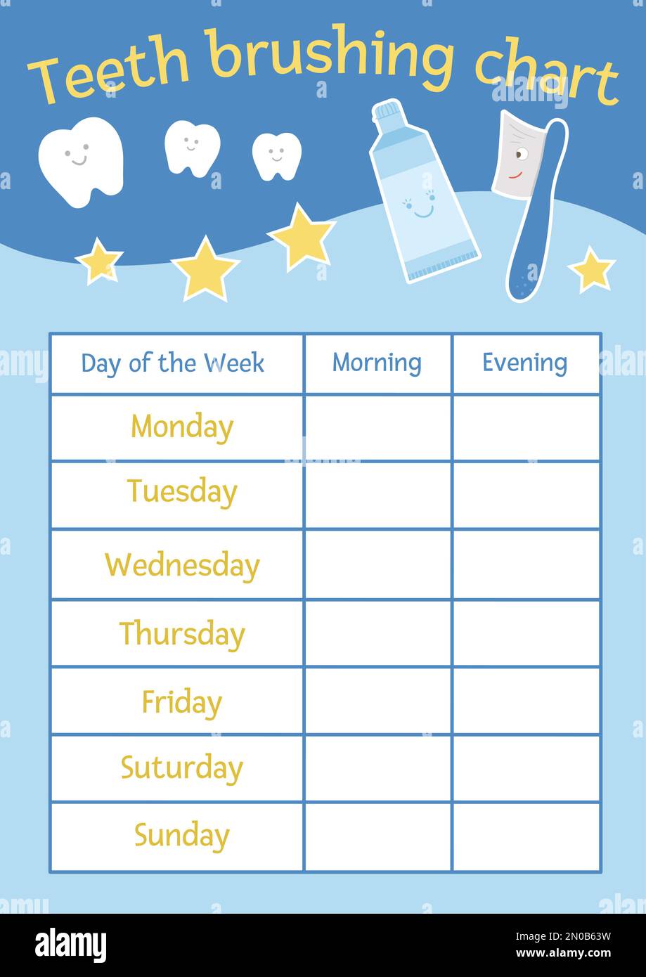 Cute teeth brushing chart for kids. Vector dental care stomatology ...