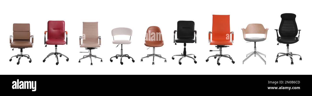 Set of different office chairs on white background. Banner design Stock ...