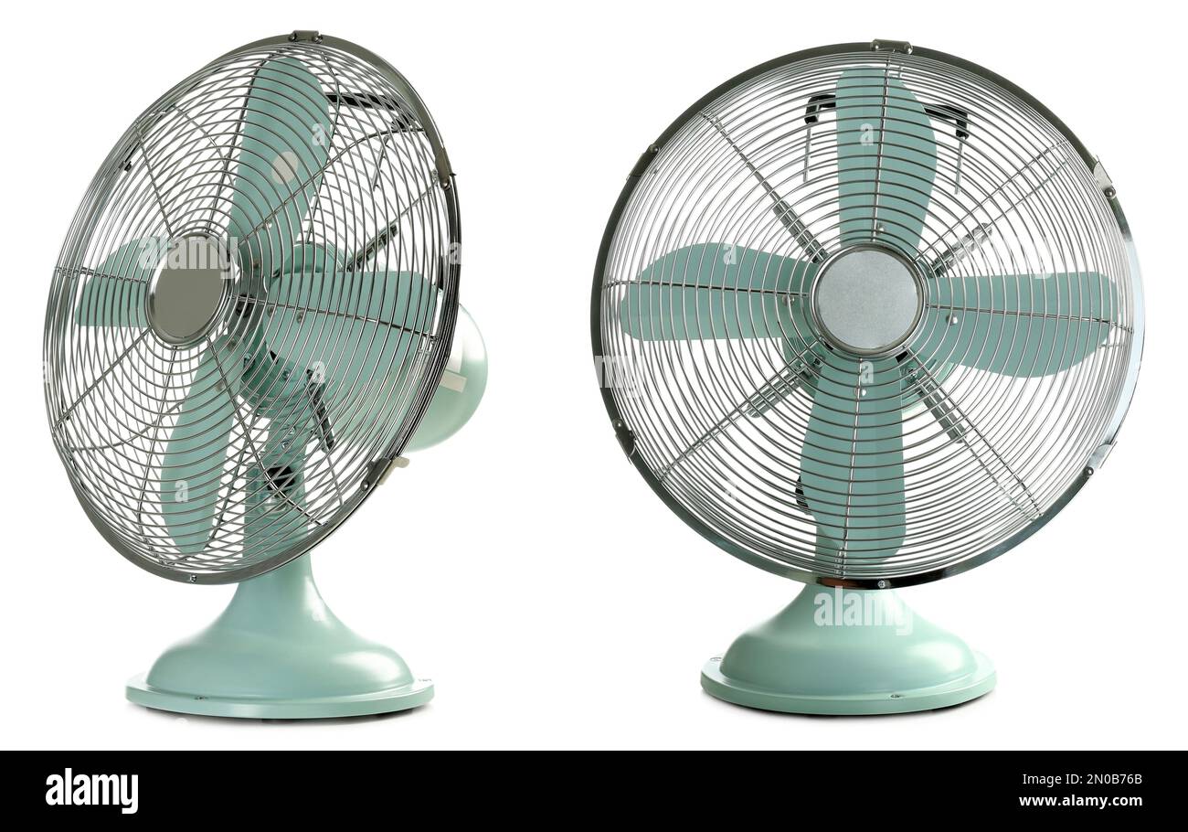 Fan on white background, collage with views from different sides Stock ...