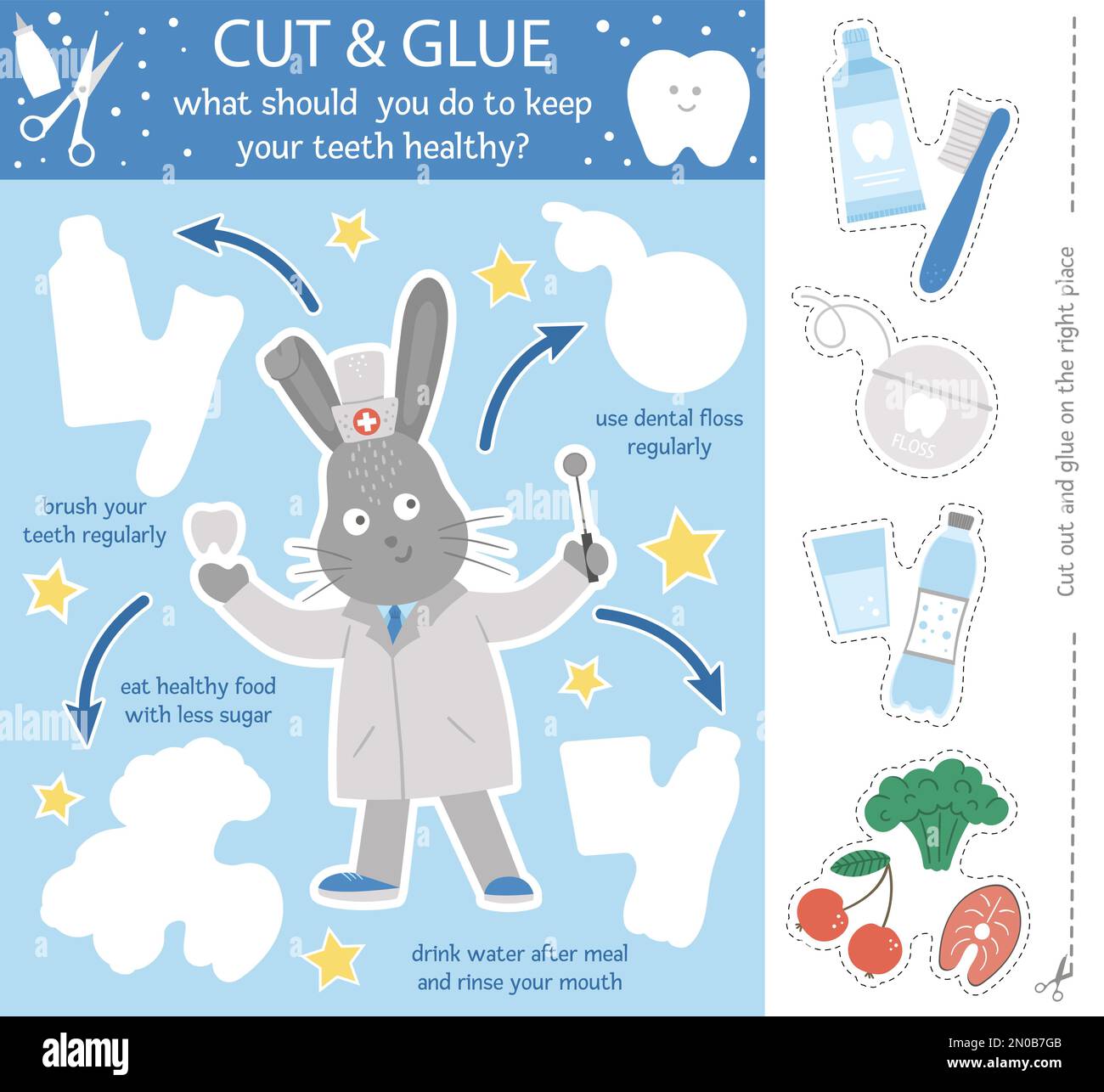 Vector dental care cut and glue activity for children. Tooth hygiene ...
