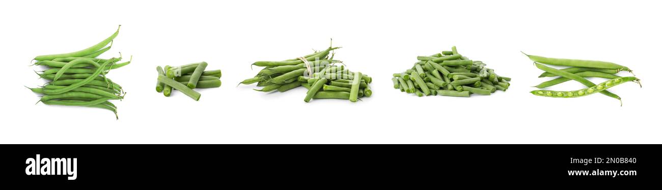 Set of fresh green beans on white background. Banner design Stock Photo ...