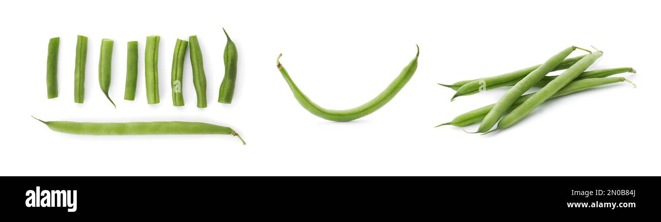Set of fresh green beans on white background. Banner design Stock Photo ...
