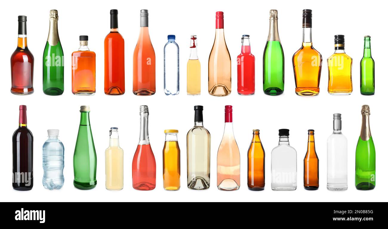 Set of bottles with different liquids on white background. Banner ...