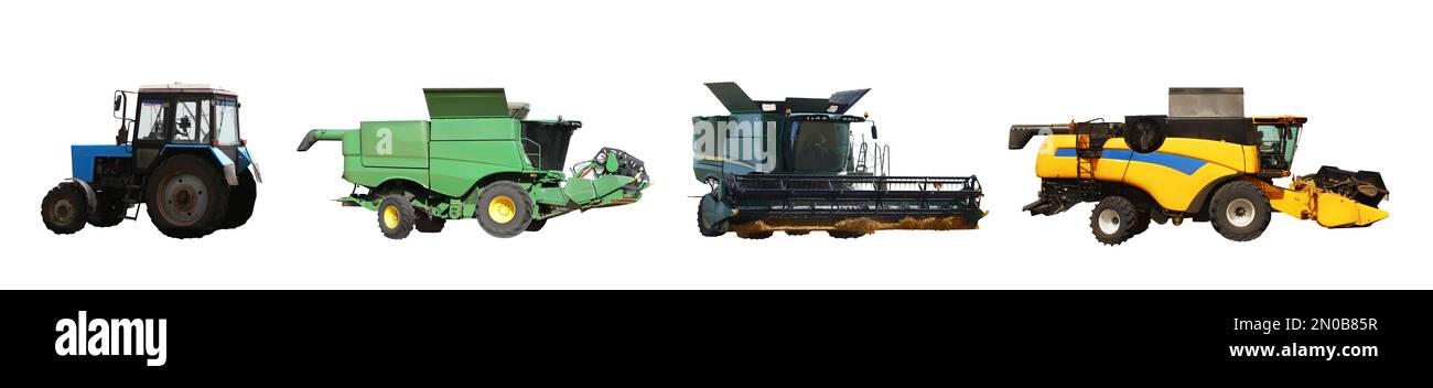 Set of different agricultural machinery on white background. Banner ...