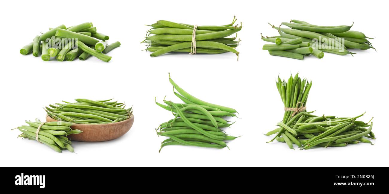 Set of fresh green beans on white background. Banner design Stock Photo ...