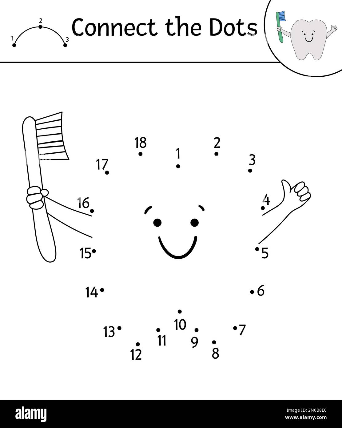 Vector dot-to-dot activity with cute kawaii tooth holding toothbrush ...