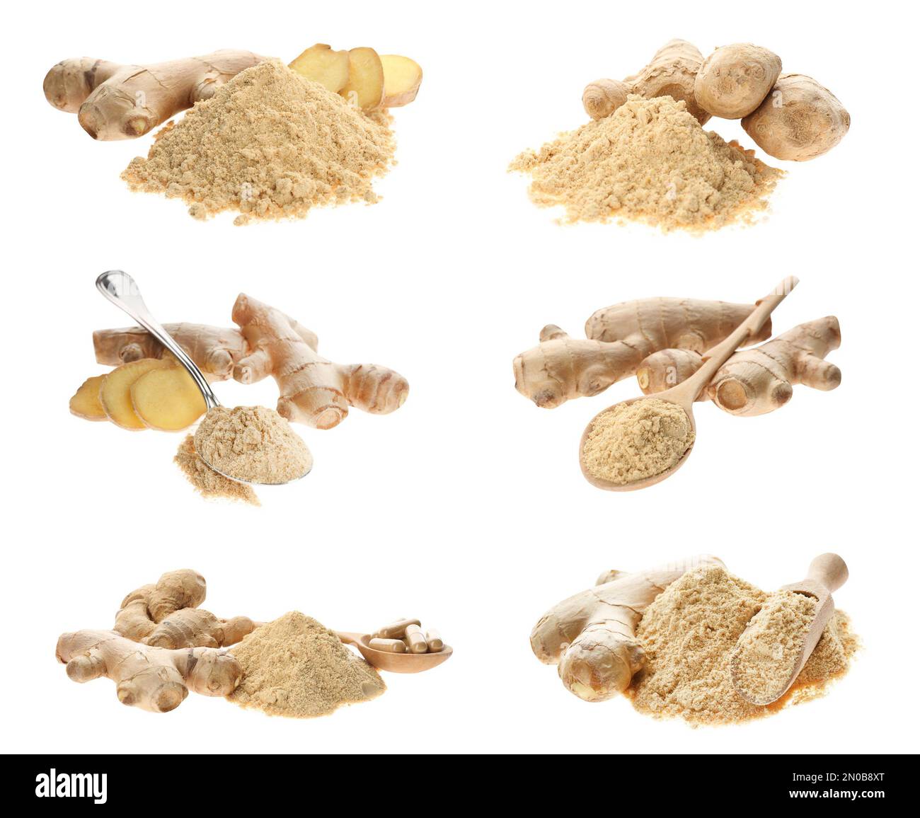 Set with ginger root and powder on white background Stock Photo - Alamy