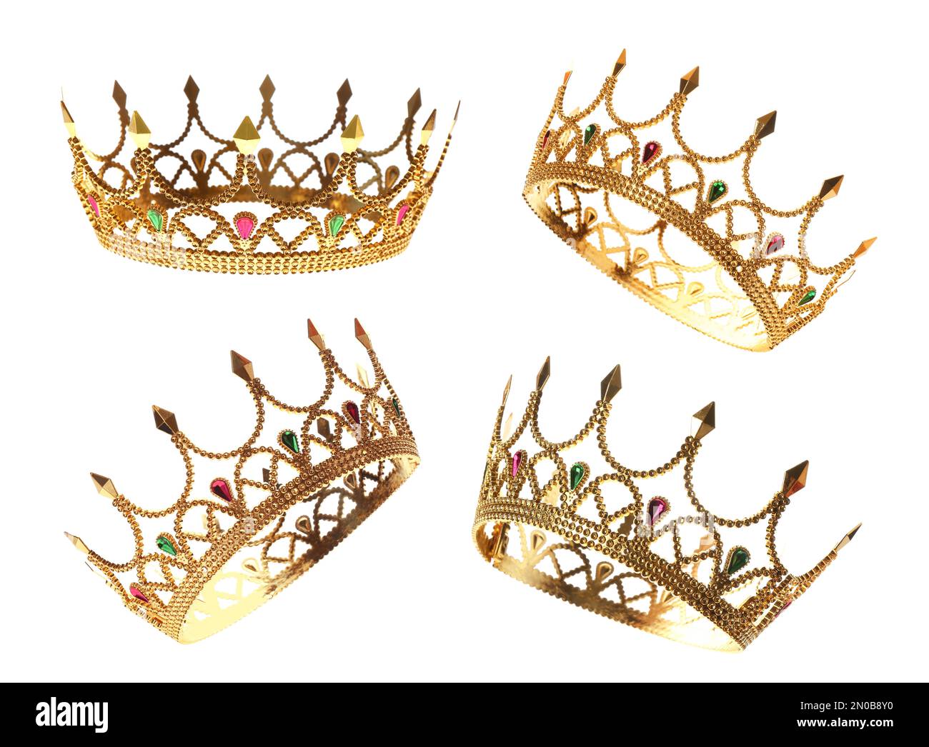 Beautiful crown with gemstones on white background, views from ...