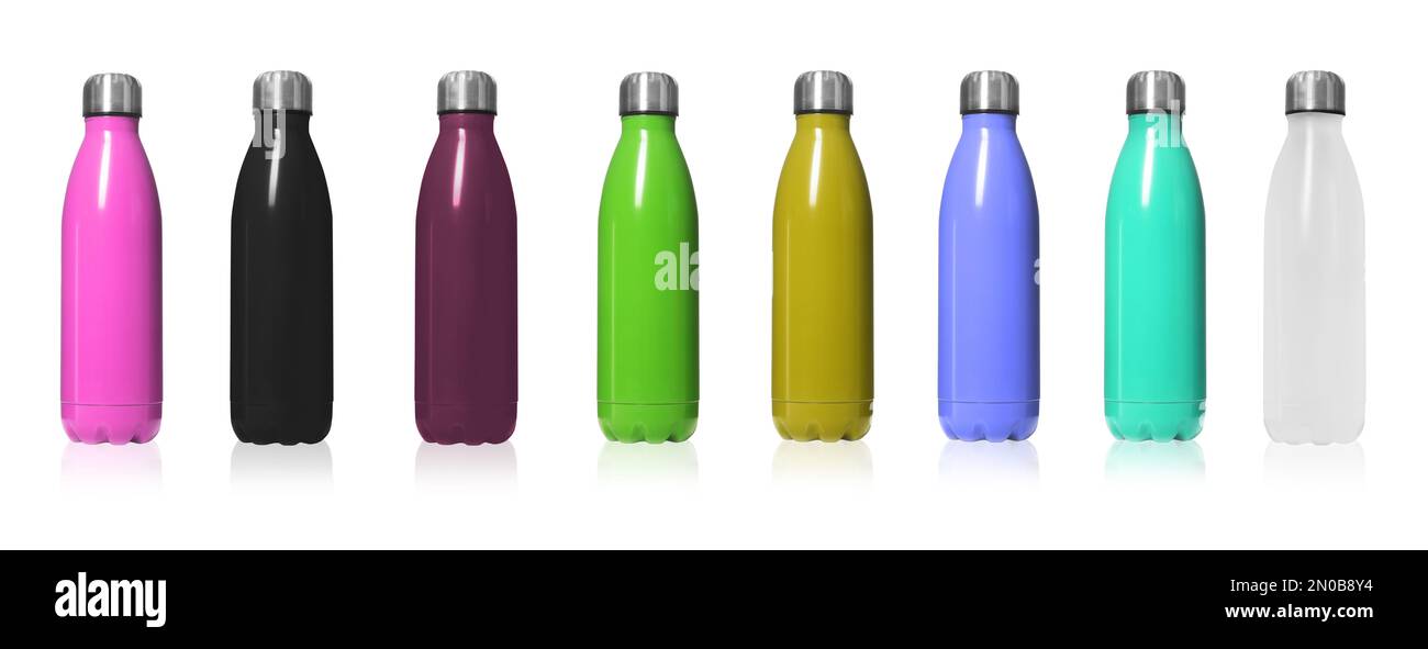 Set of modern thermos bottles in different colors on white background ...