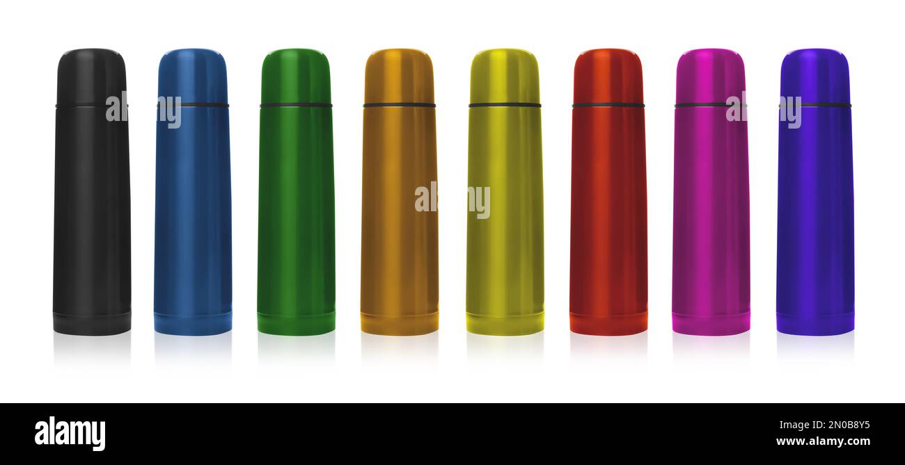 Set of modern thermoses in different colors on white background. Banner ...