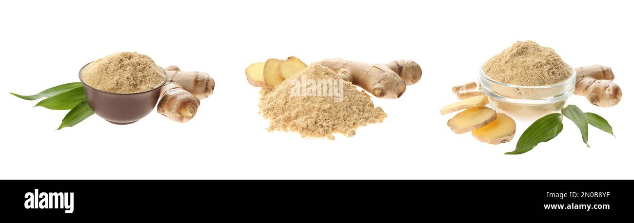 Set with ginger root and powder on white background. Banner design ...