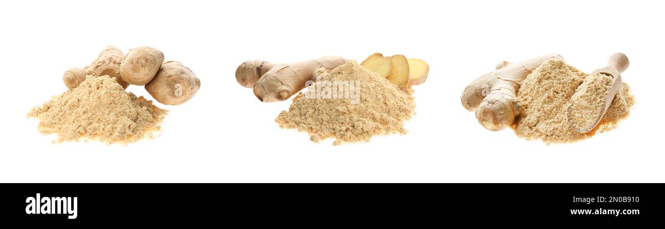 Set with ginger root and powder on white background. Banner design ...