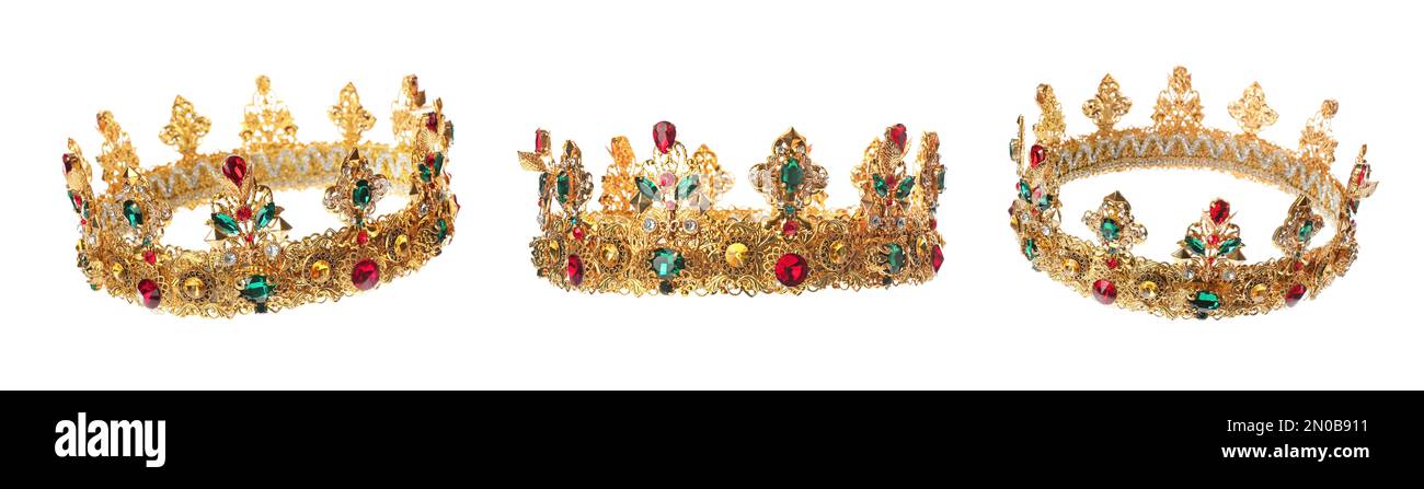 Beautiful crown with gemstones on white background, views from ...