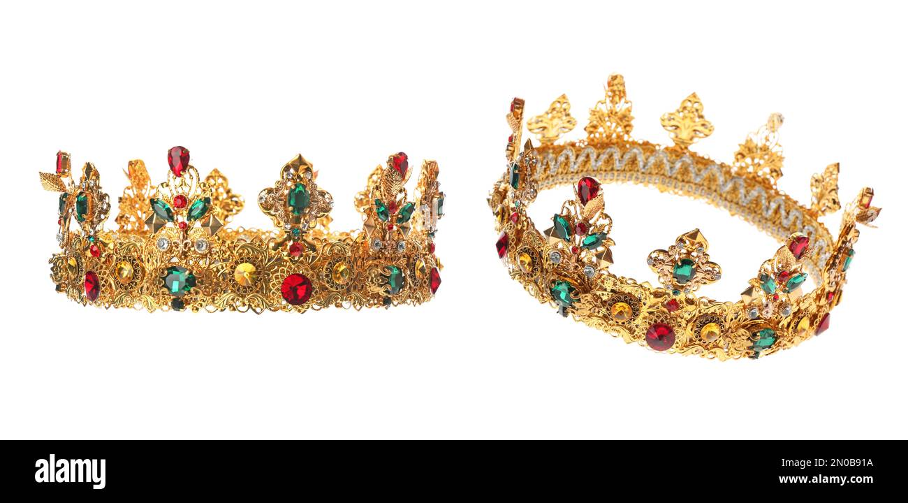 Beautiful crown with gemstones on white background, views from ...