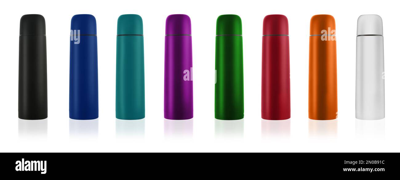 Set of modern thermoses in different colors on white background. Banner ...
