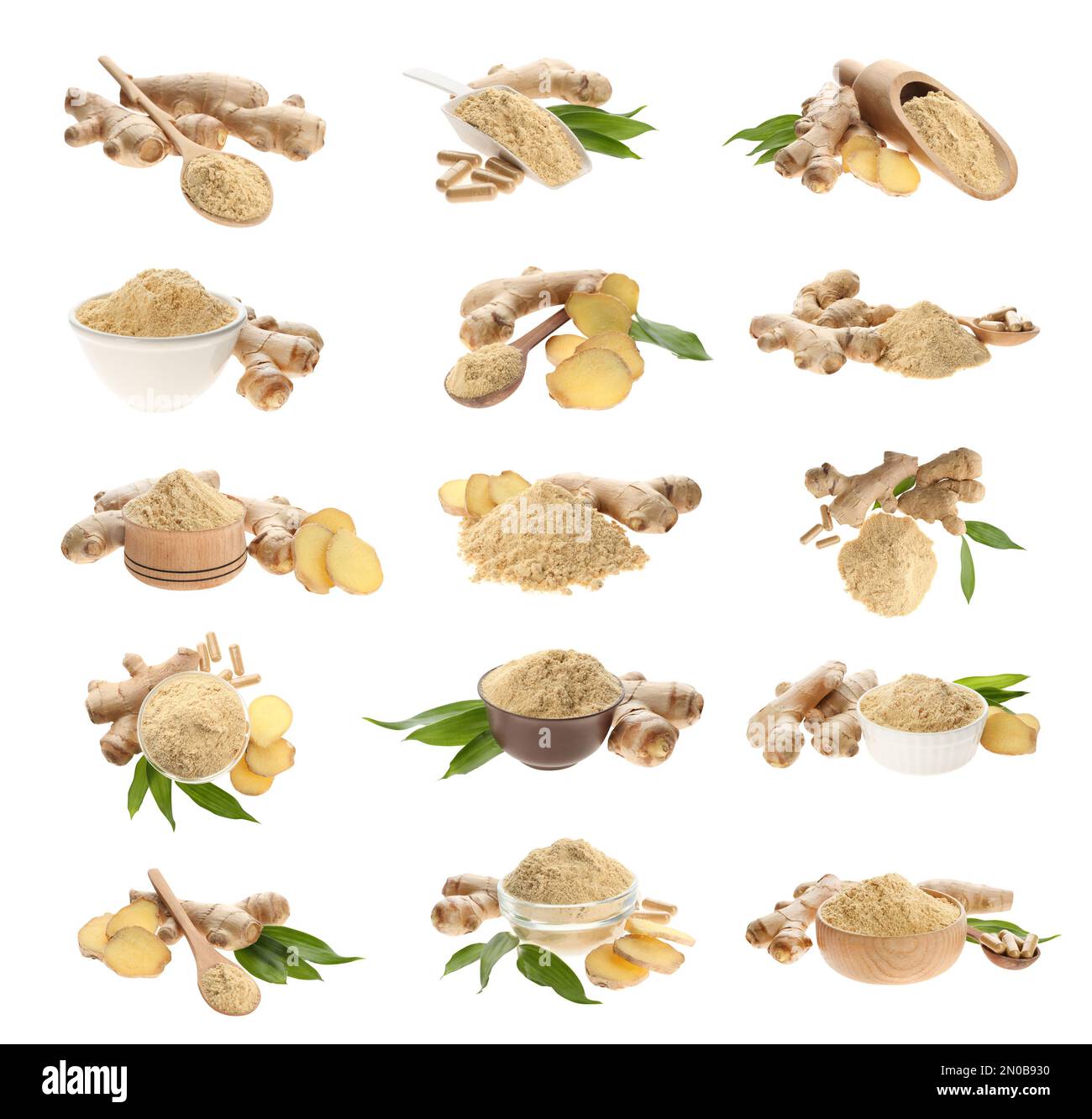 Set with ginger root and powder on white background Stock Photo - Alamy