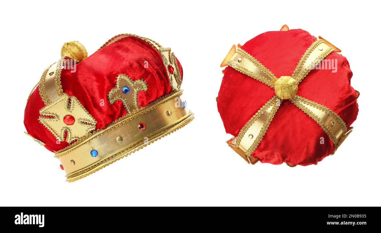 Beautiful crown with gemstones on white background, side and top views ...