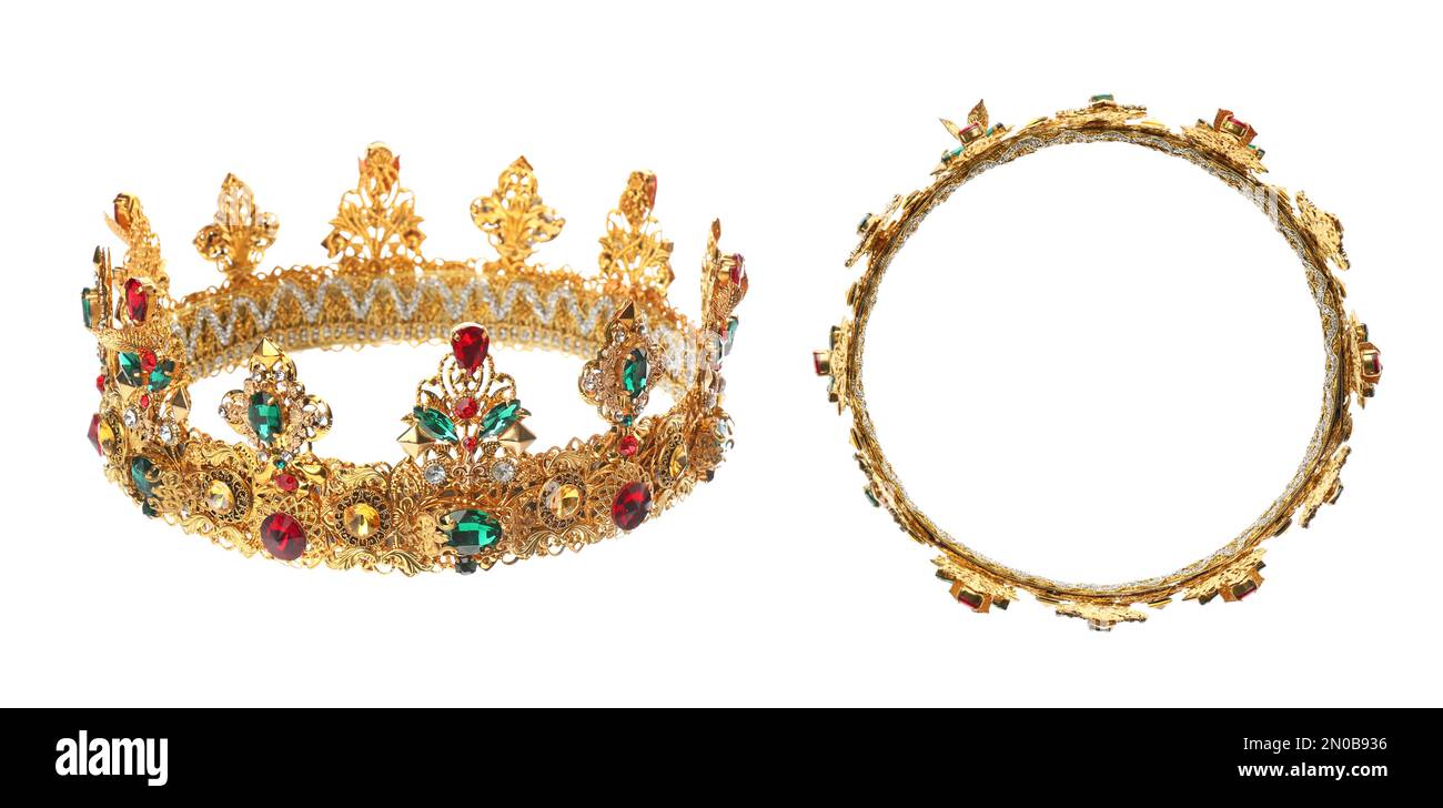 Beautiful crown with gemstones on white background, side and top views ...