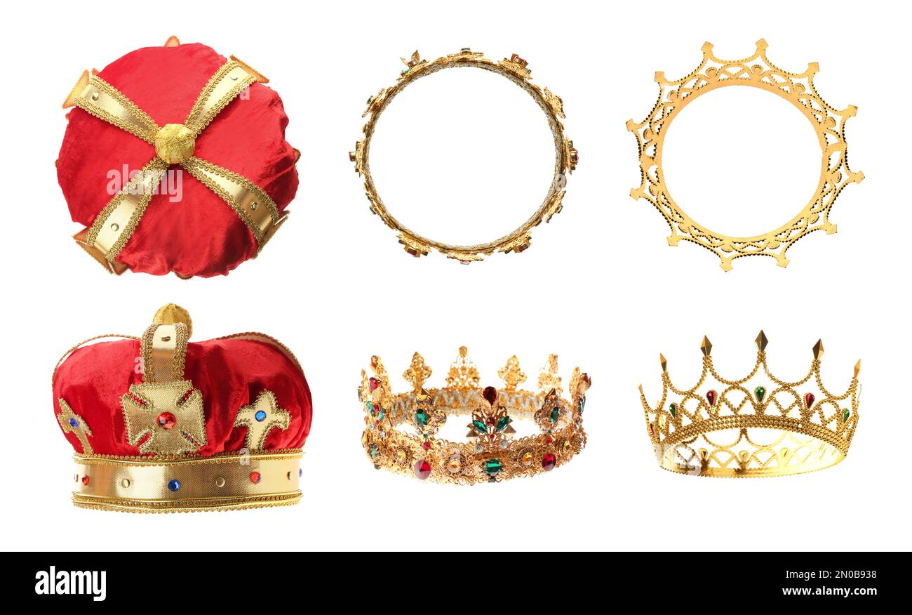Set of crowns with gemstones on white background, side and top views ...