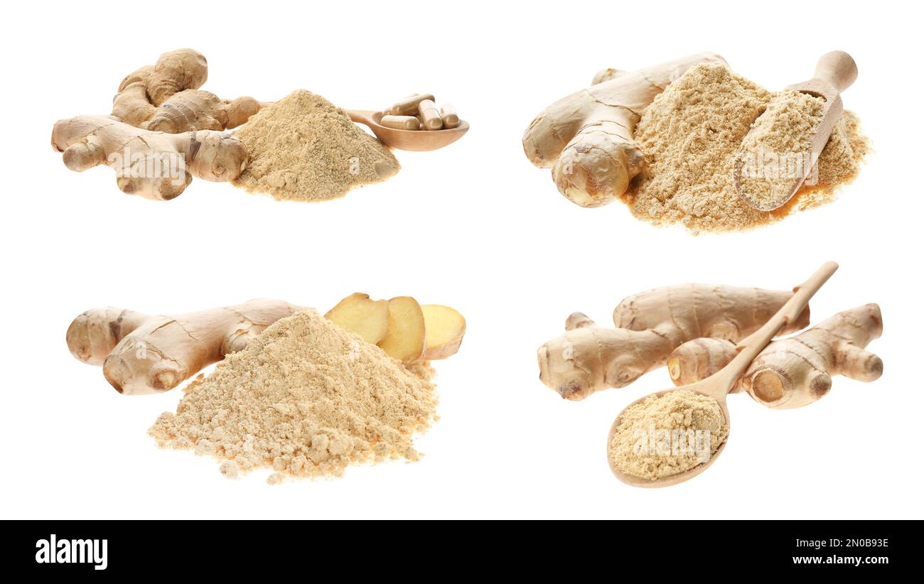 Set with ginger root and powder on white background. Banner design ...