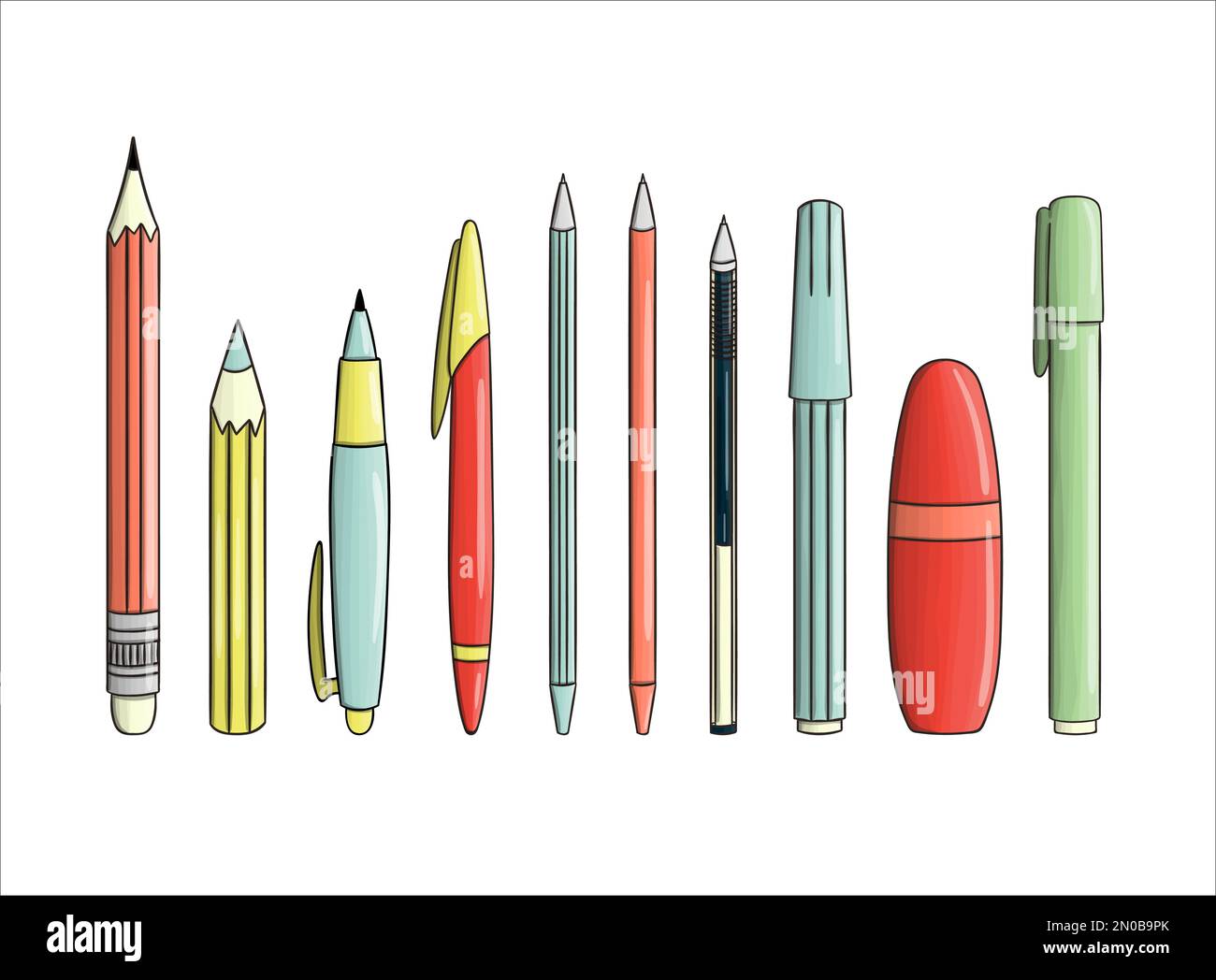Set of pen and pencil icons. Vector colored stationery, writing ...