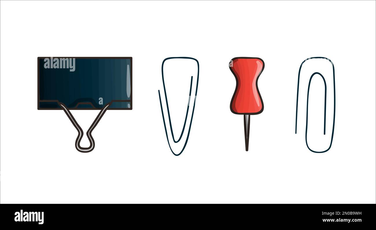 Set of pin and clip icons. Vector colored stationery, writing materials ...