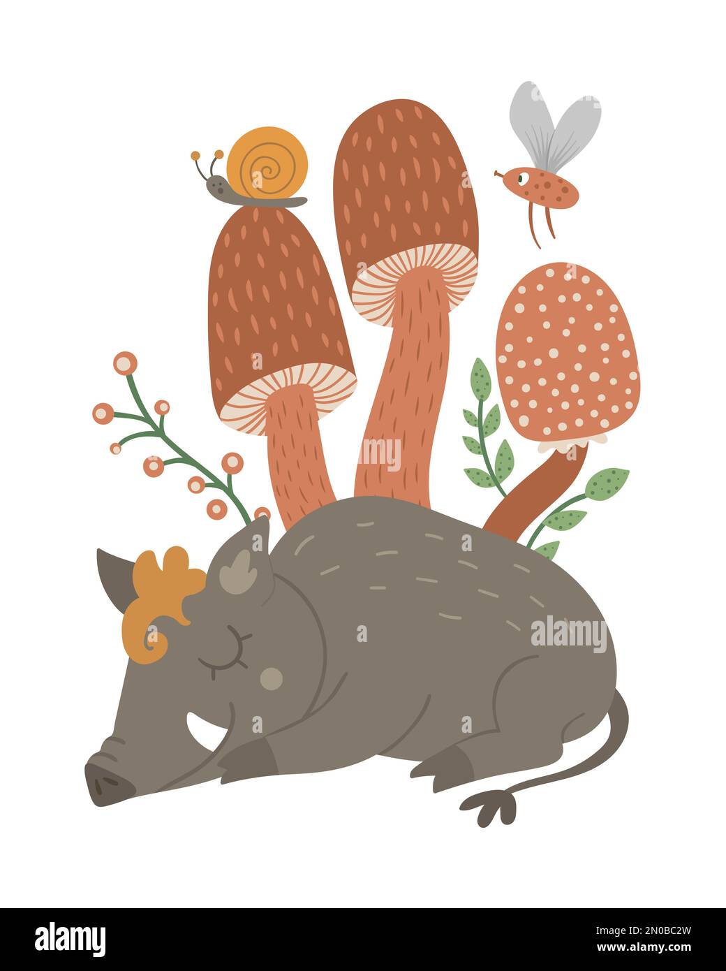 Vector hand drawn flat sleeping boar with mushrooms and insects. Funny ...