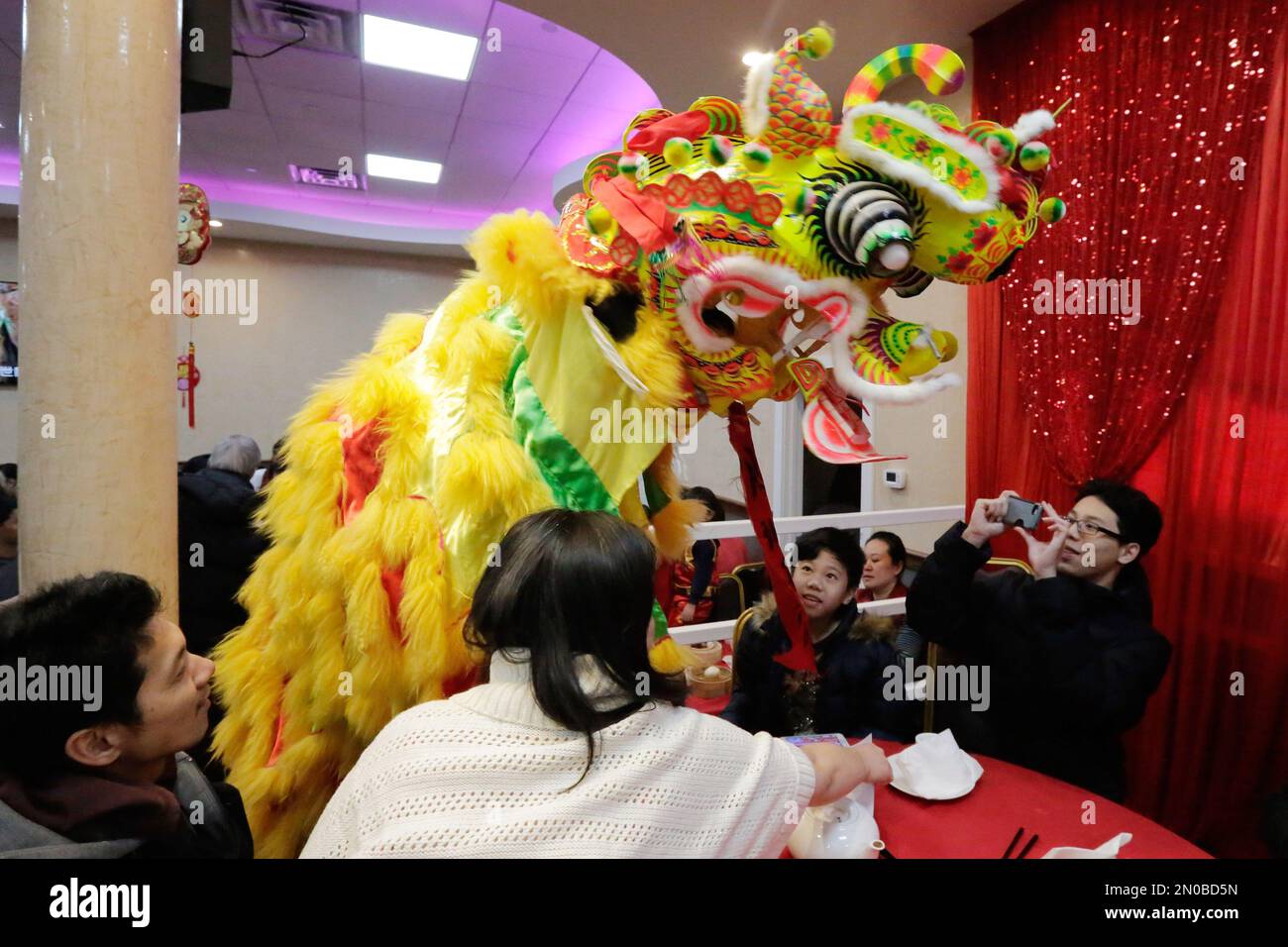 A lion dancer from the Tai Pun Residents Association poses for a photo ...