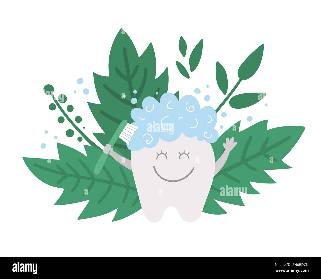 Cute kawaii tooth cleaning himself with toothbrush. Vector teeth ...