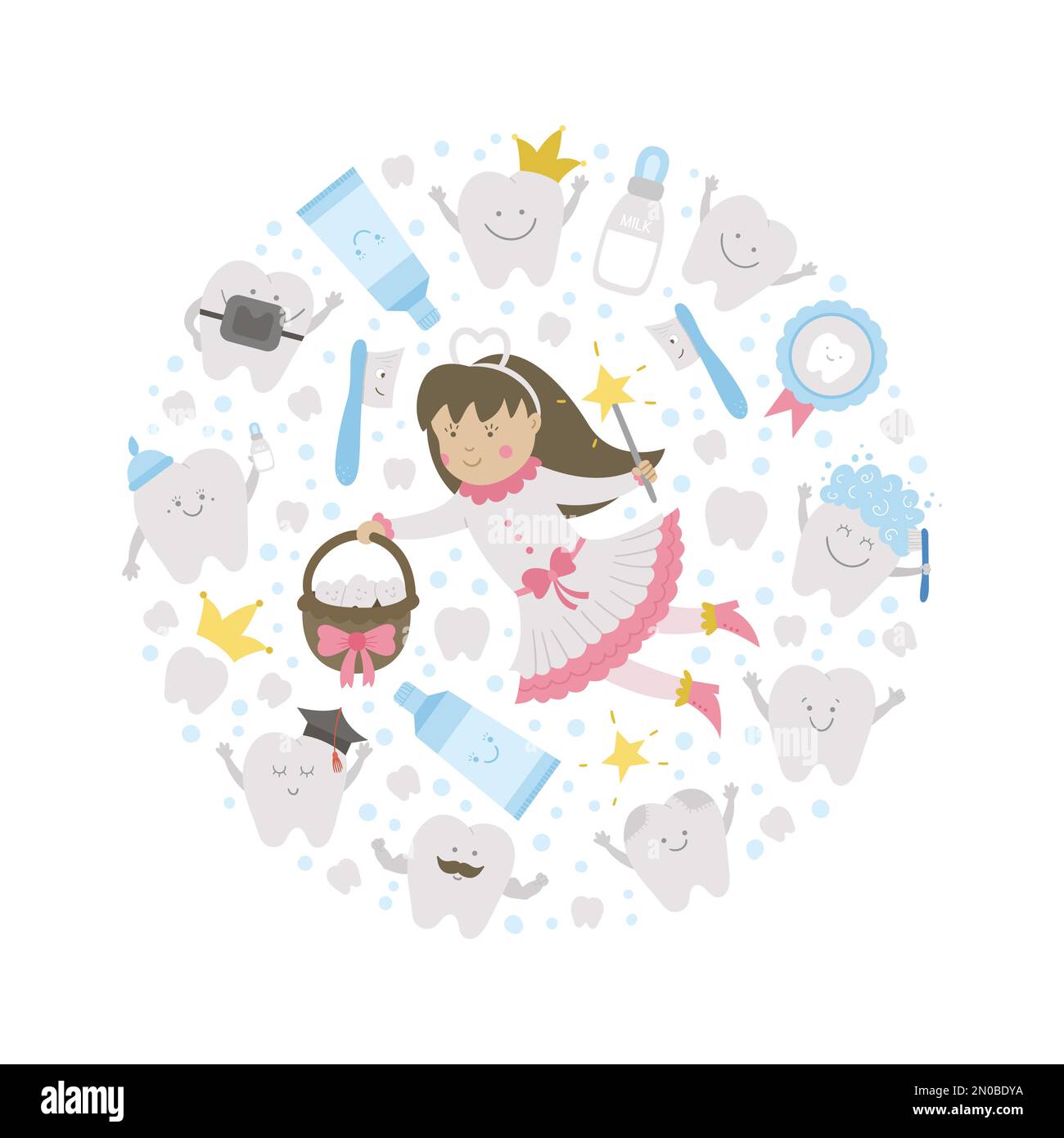 Vector round frame with cute tooth fairy. Card template with kawaii ...