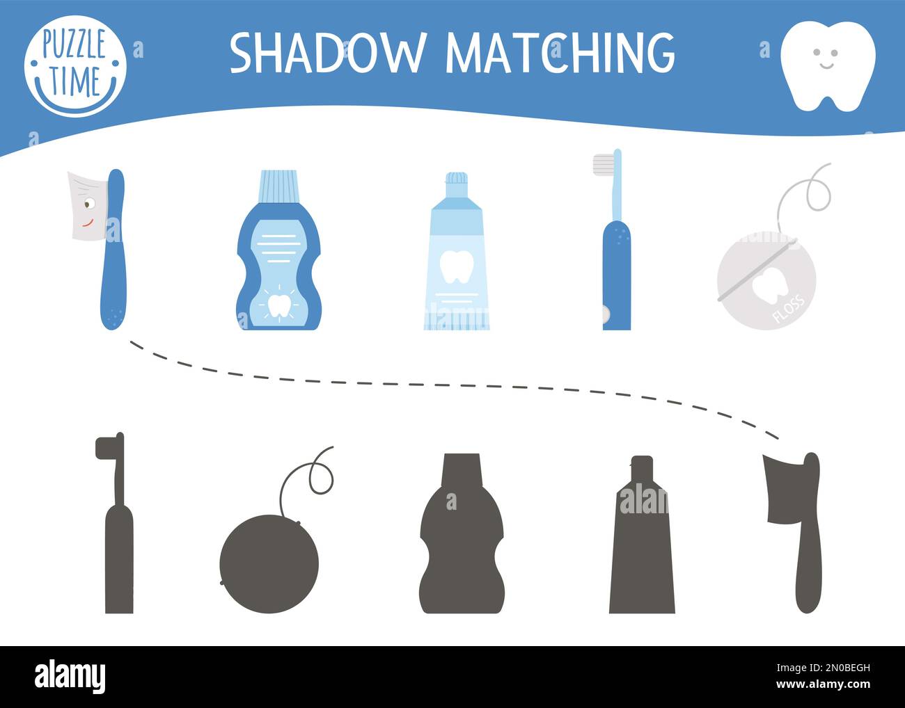 Shadow matching activity for children with dental care equipment. Mouth ...