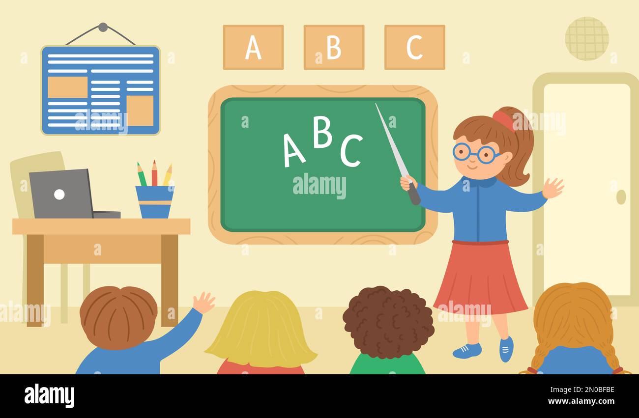 Elementary school classroom illustration with teacher at the chalk ...