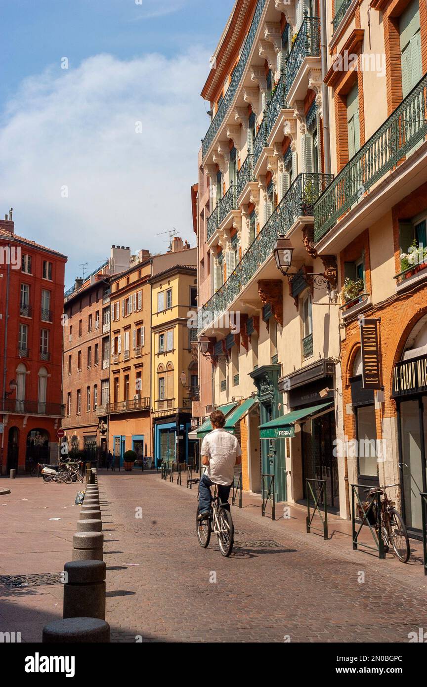 Toulouse, France - Man Cycling on Street, Old Town Center, Outside ...