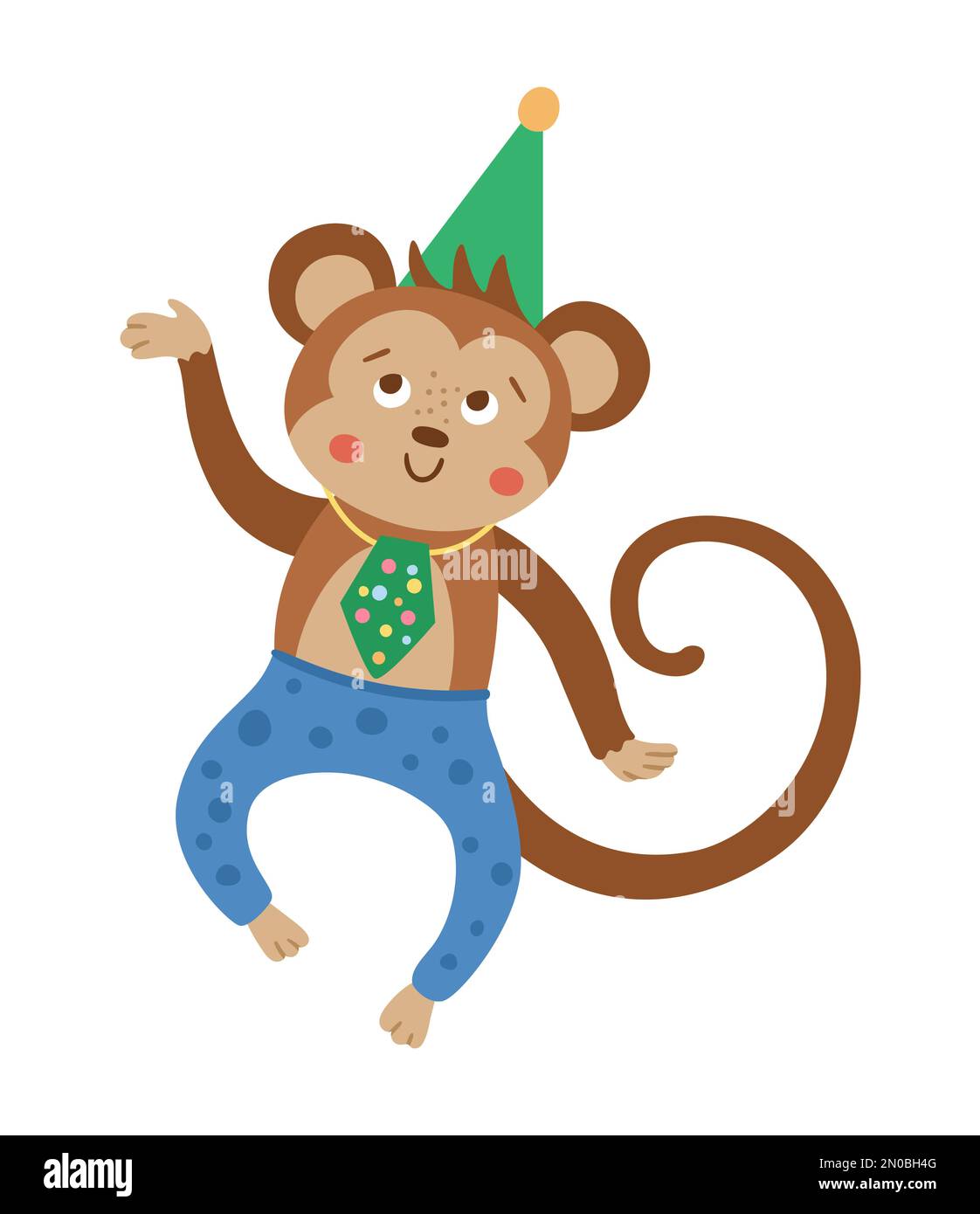 Vector cute dancing monkey in birthday hat. Funny b-day animal for card ...