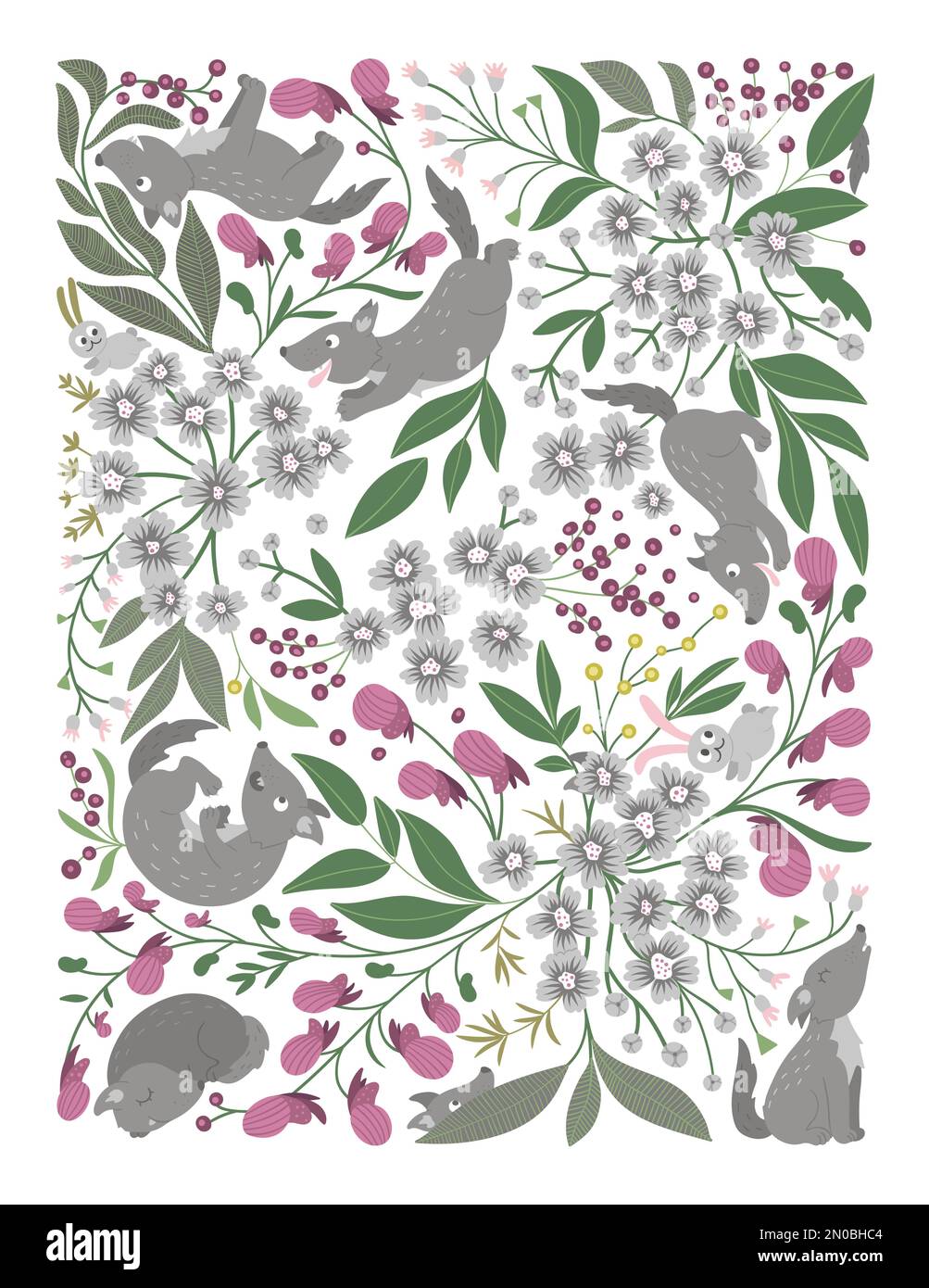 Vector ornate background with cute woodland animals, leaves, flowers ...